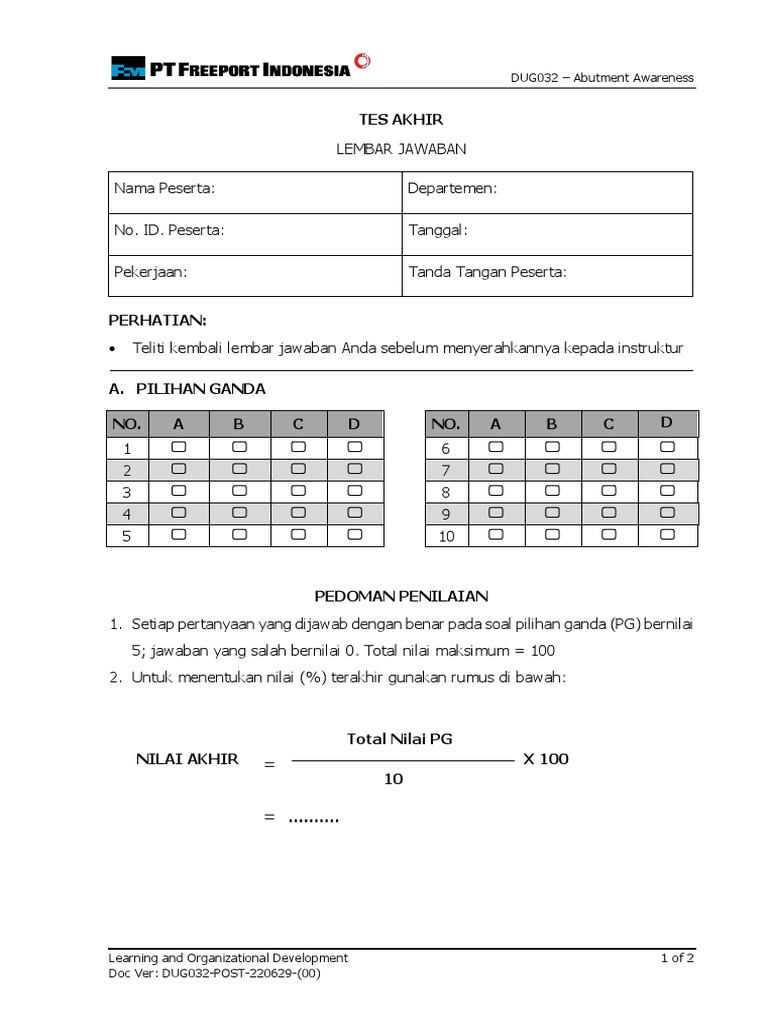 Lembar Jawab Post Test Abutment | PDF
