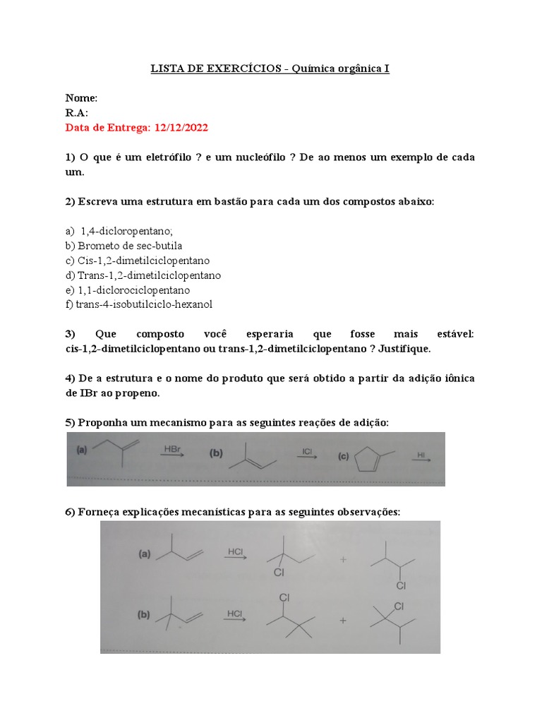 LISTA DE EXERCÍCIOS - Química Orgânica I | PDF