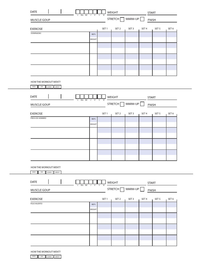 Weekly workout log and exercise routine tracking sheet | PDF | Physical ...