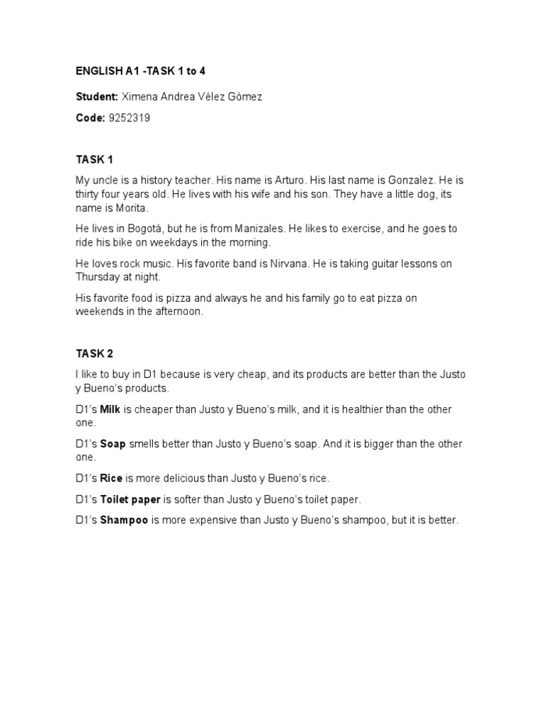 ENGLISH A1 - TASK 1 To 4 - Ximena Velez 9252319 | PDF
