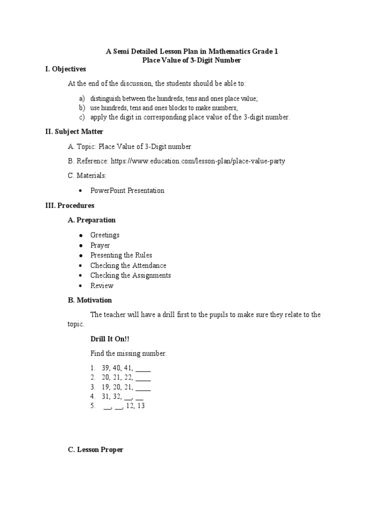 A Semi Detailed Lesson Plan in Mathematics Grade 1 | PDF