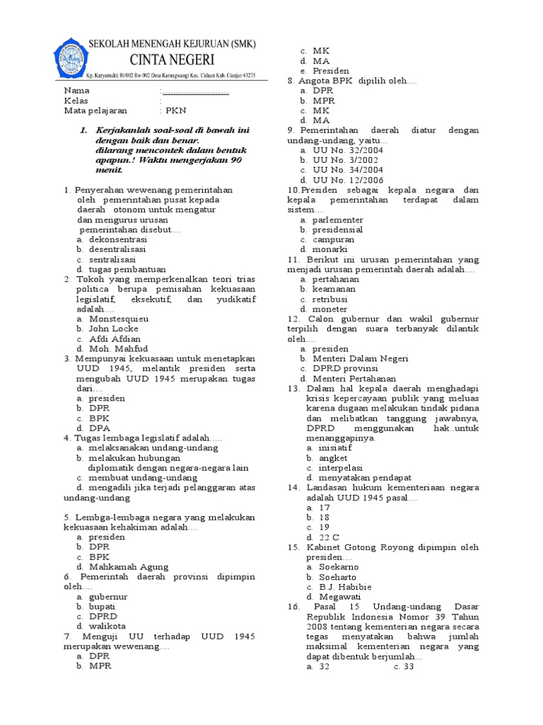 Soal PKN Kelas 10 Sem 1 | PDF