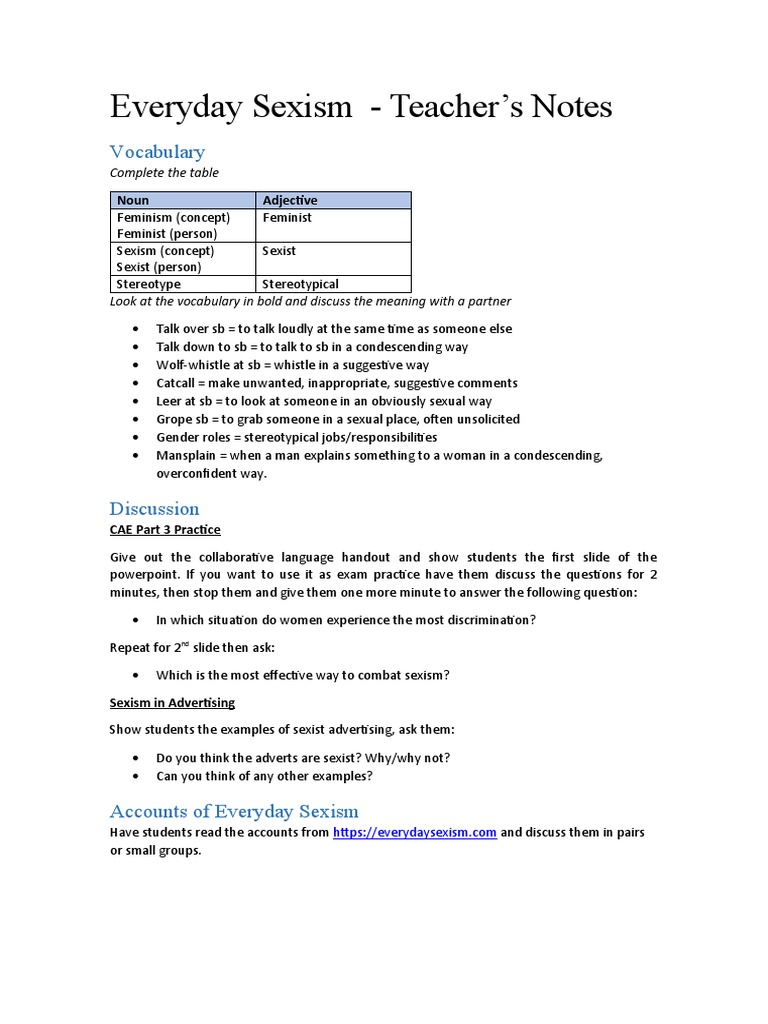 Everyday Sexism Teacher Notes | PDF | Sexism | Gender Studies