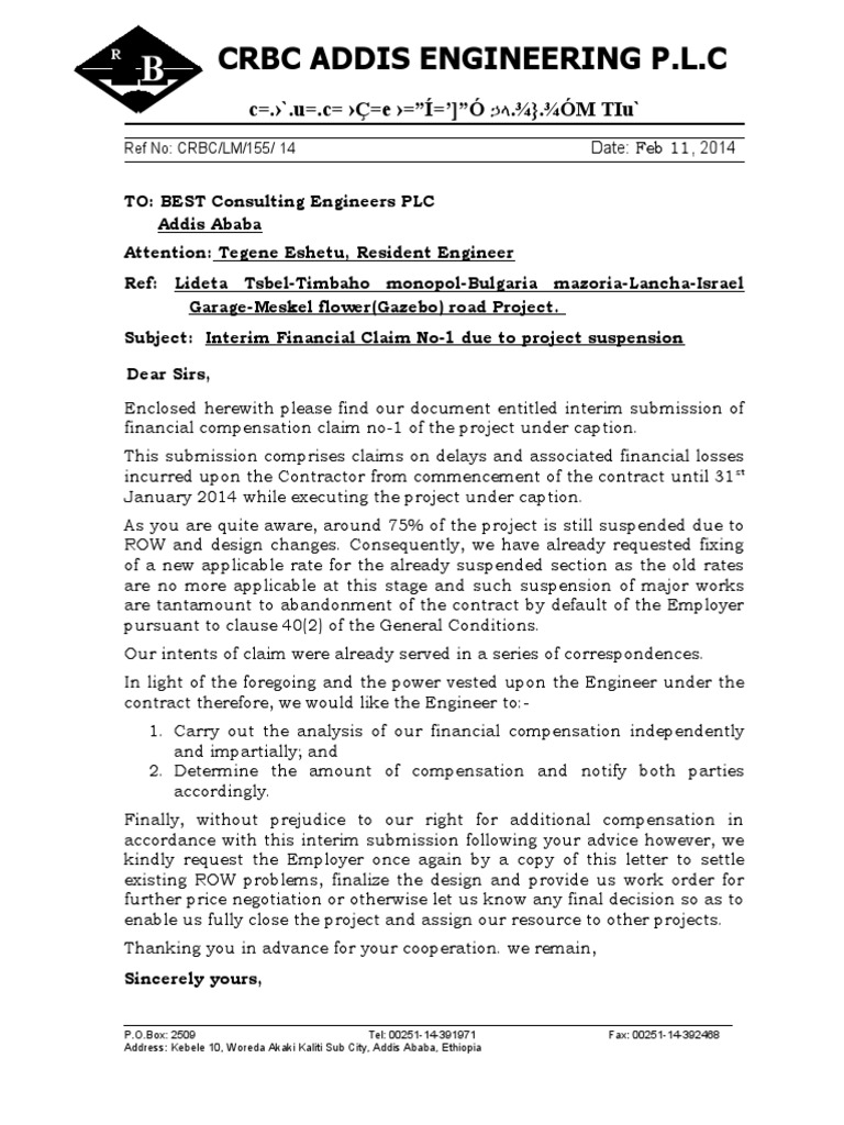 Interim Financial Claim No-1 Due To Project Suspension | PDF ...