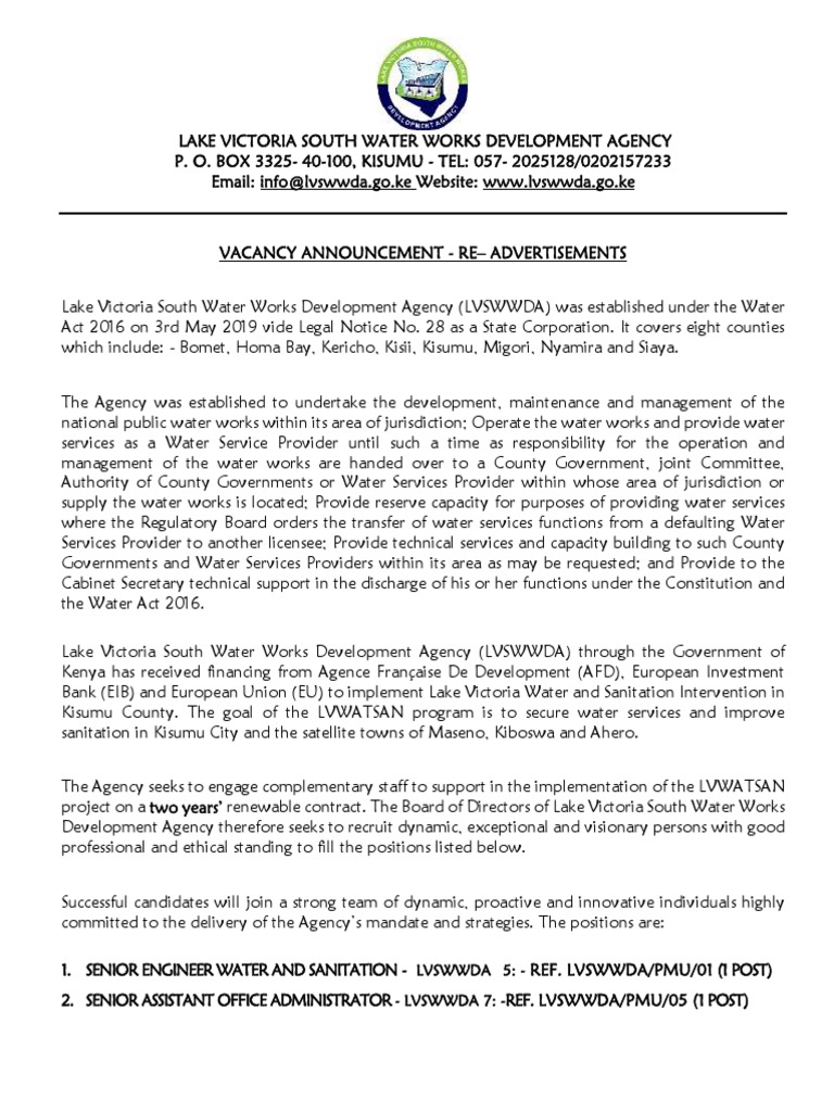 Vacancy Advertisement For LVWATSAN Project Staff - Readvertisement ...