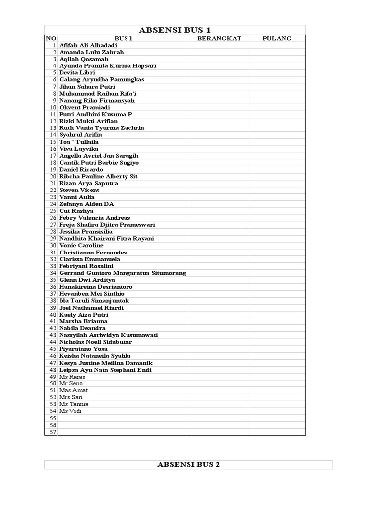 Bus Attendance List for Caroline & Nelvina | PDF