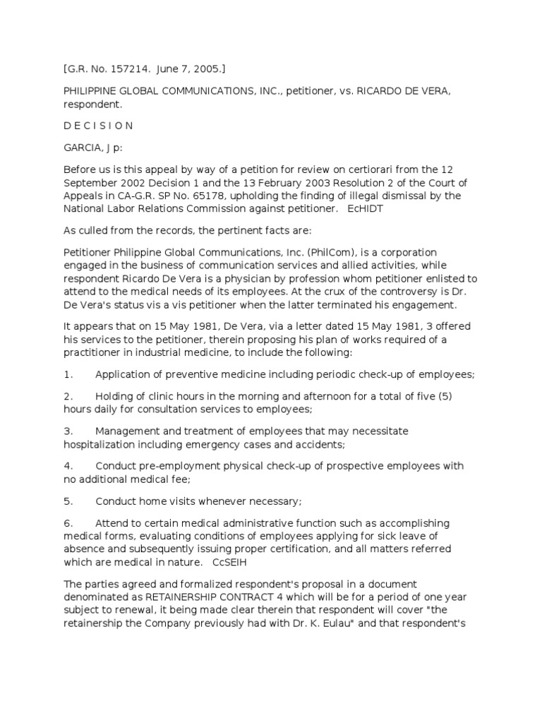 Philippine Global Communications, Inc vs. de Vera | PDF | Employment ...