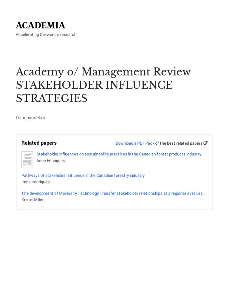 Resource Dependence and Stakeholder Influence Strategies: A Model for Understanding How ...