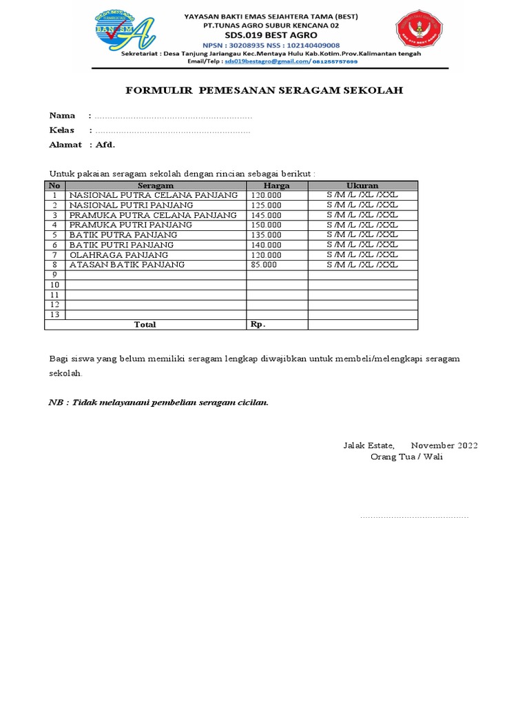 Data Pemesanan Seragam Sekolah 1 | PDF
