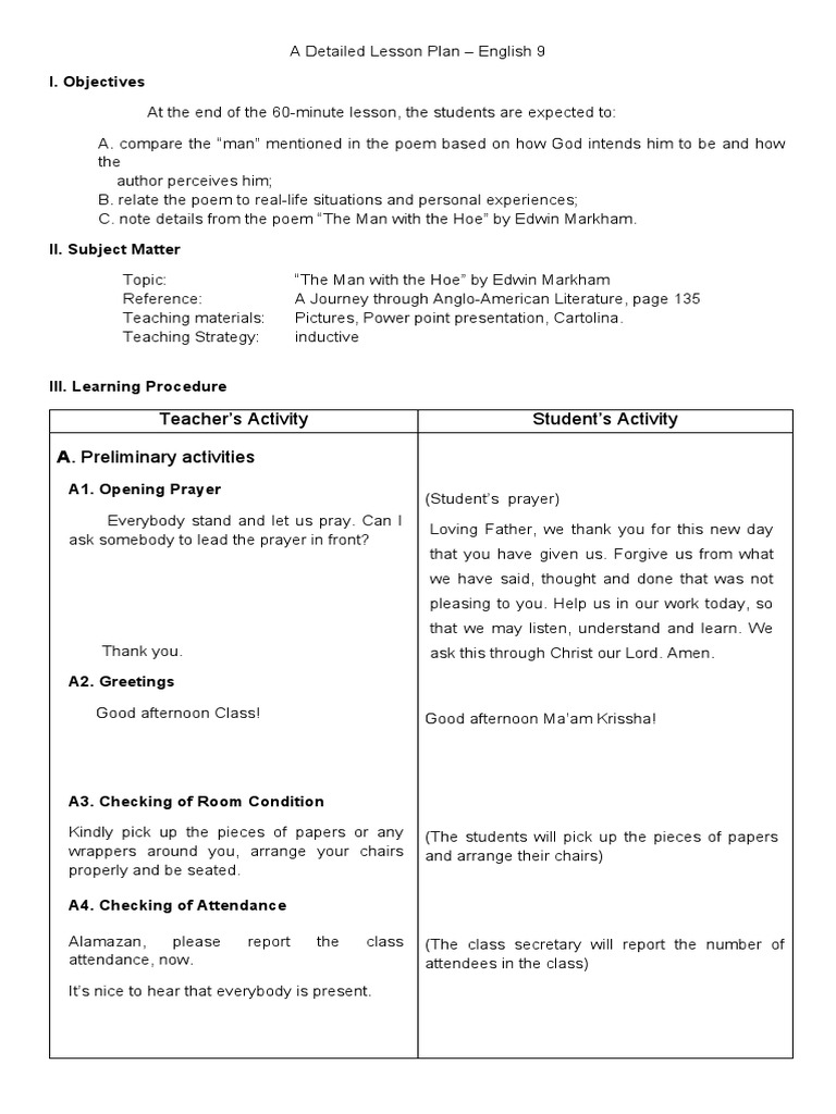 "The Man With The Hoe" by Edwin Markham English 9 Lesson Plan | PDF ...