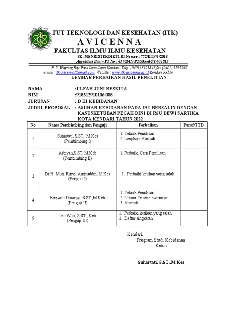 LEMBAR PERBAIKAN PROPOSAL Ulfa | PDF