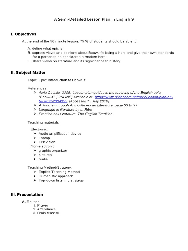 Beowulf English 9 Lesson Plan | PDF | Language Arts & Discipline ...