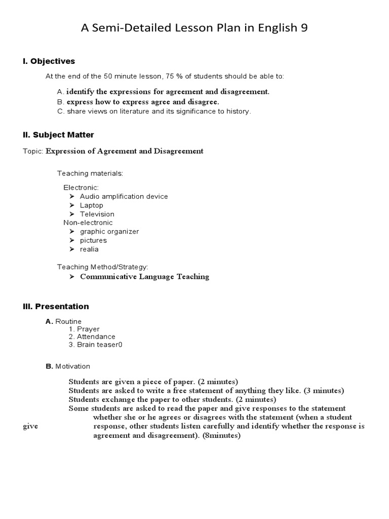 Expression of Agreement Lesson Plan in English 9 | PDF | Lesson Plan | Teaching Method