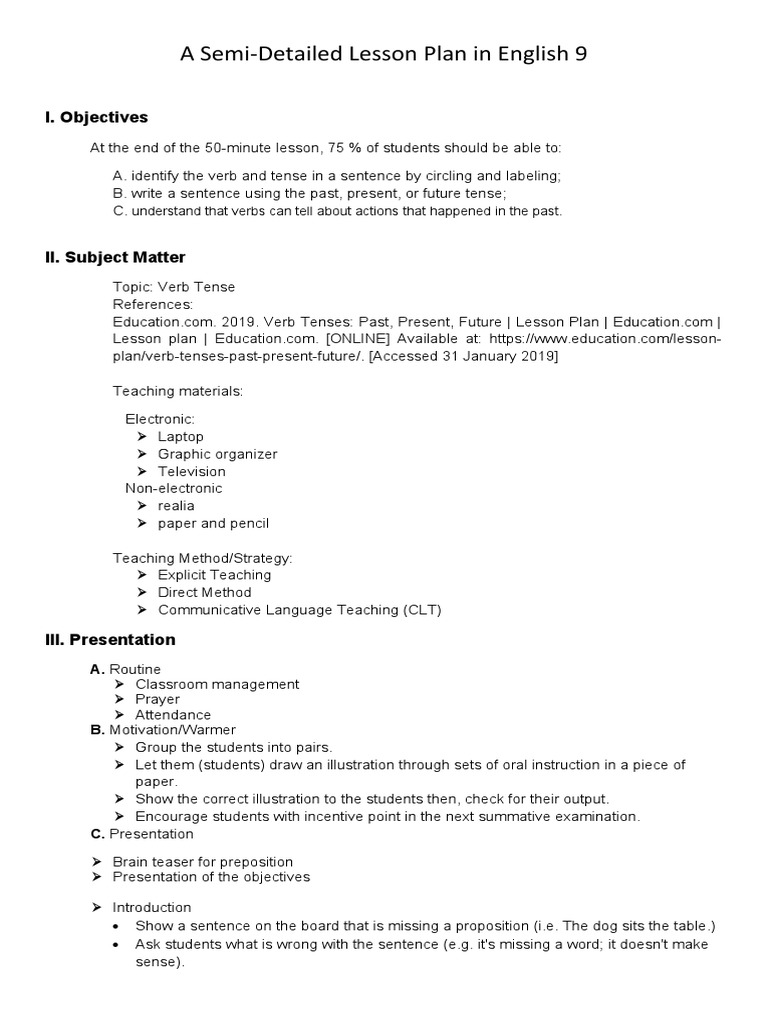 Verb Tense Lesson Plan in English 9 | PDF | Preposition And ...