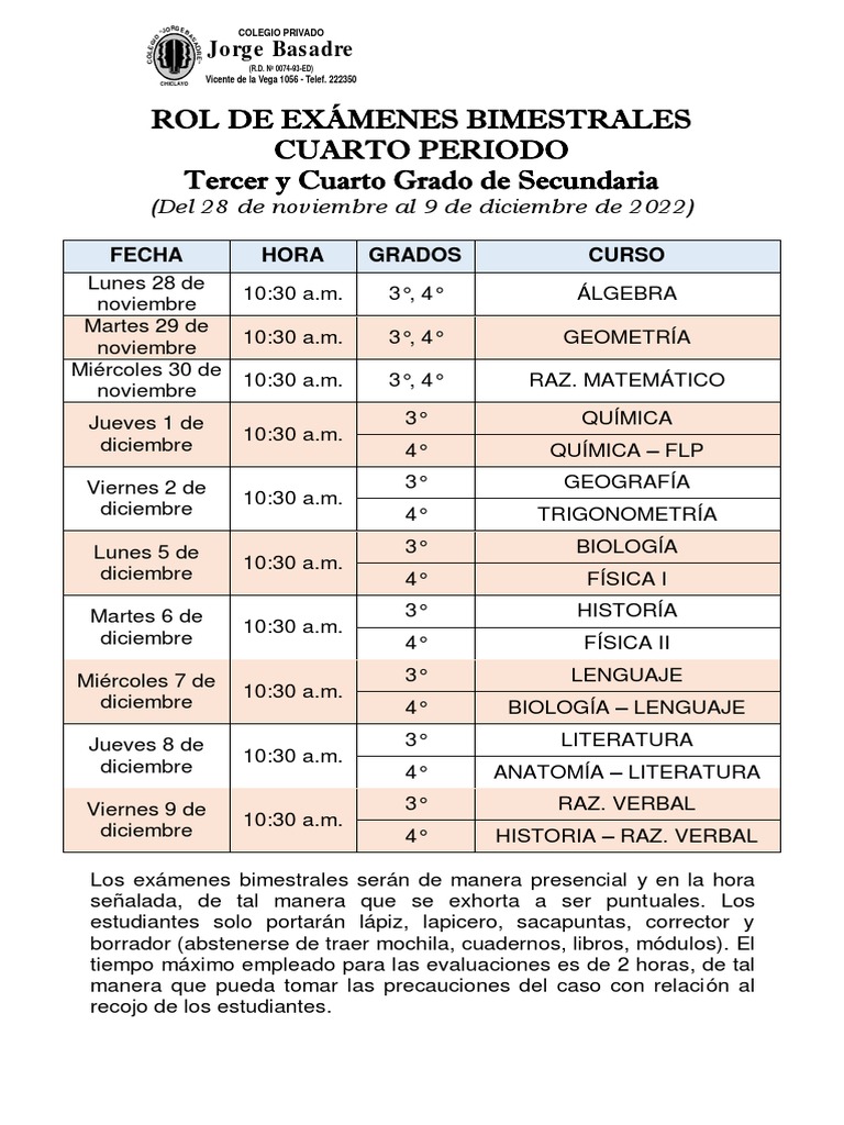 Rol de Examenes 3 4 Grado 2022 Bimestre IV | PDF | Matemáticas