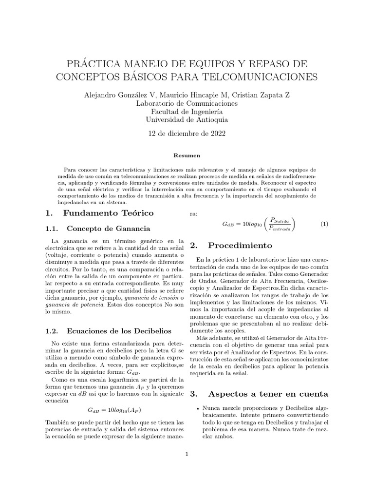 PR Ctica Manejo de Equipos y Repaso de Conceptos B Sicos para Telcomunicaciones | PDF | Decibel ...