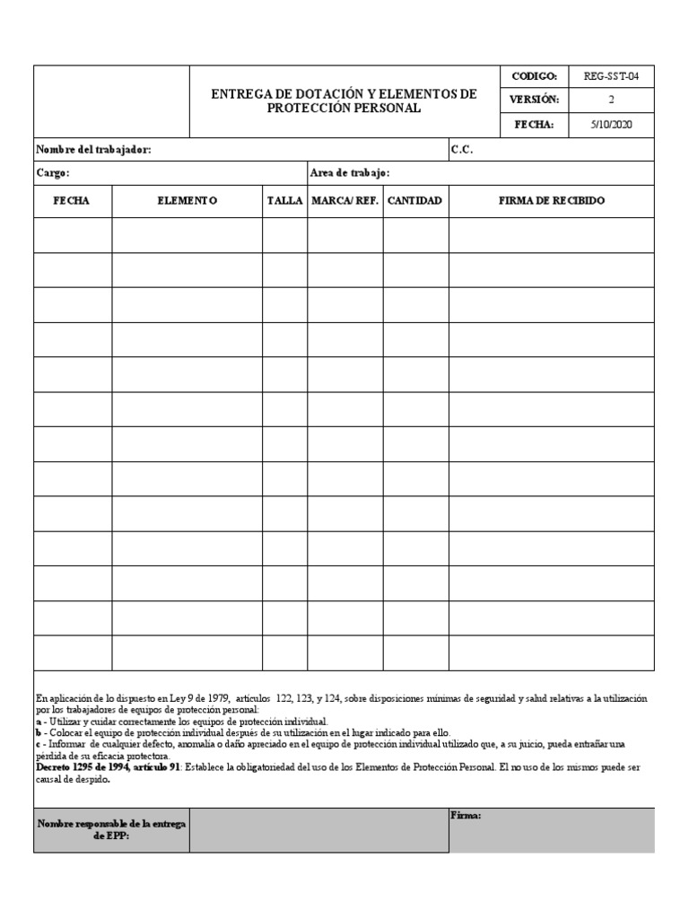 Reg-Sst-04 Formato de Entrega de Epp | PDF