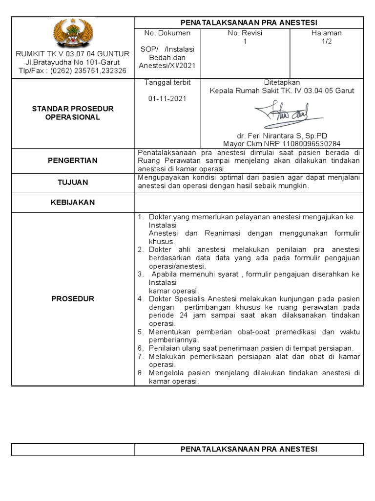 Sop Penatalaksanaan Pra Anastesi | PDF