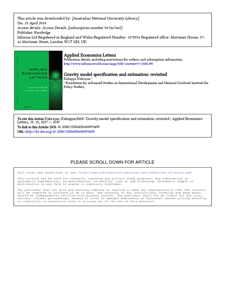 01 Kalirajan Gravity Model Specification 2008 | PDF | Ordinary Least ... 01 Kalirajan Gravity Model Specification 2008 | PDF | Ordinary Least ...