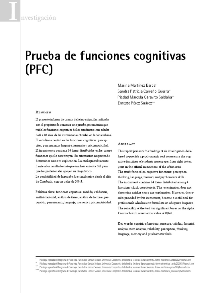 Prueba de Funciones Cognitivas PFC | PDF | Validez (Estadísticas) | Alfa de Cronbach