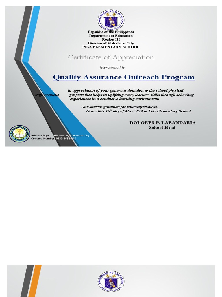 Certificate of Appreciation Awarded to Quality Assurance Outreach ...