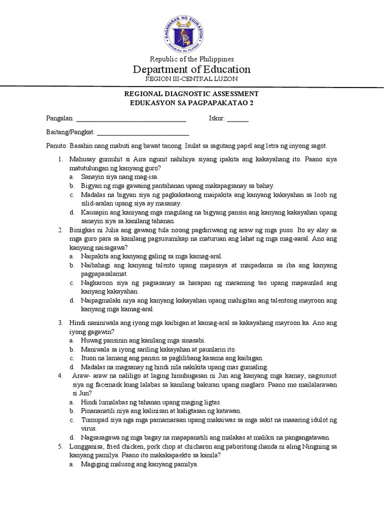 Diagnostic Assessment EsP Grade 2 | PDF
