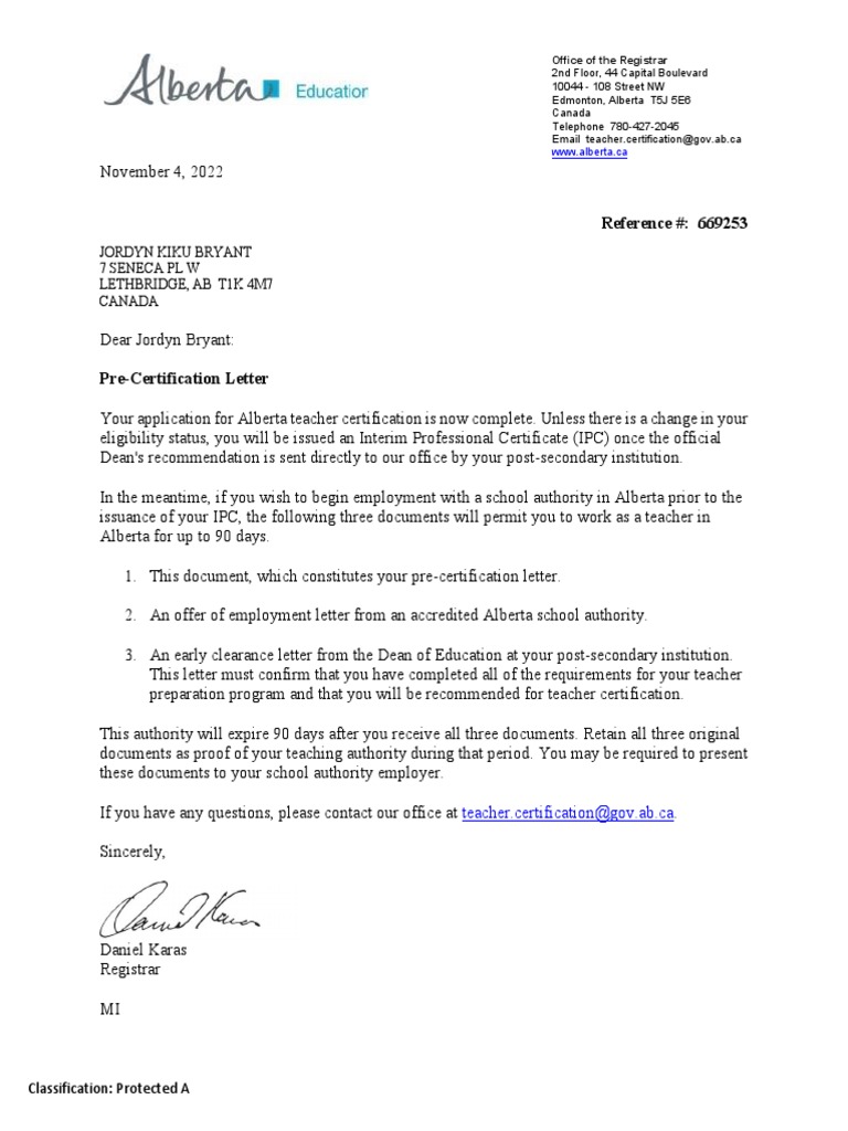 Alberta Teacher Pre-Certification Letter | PDF