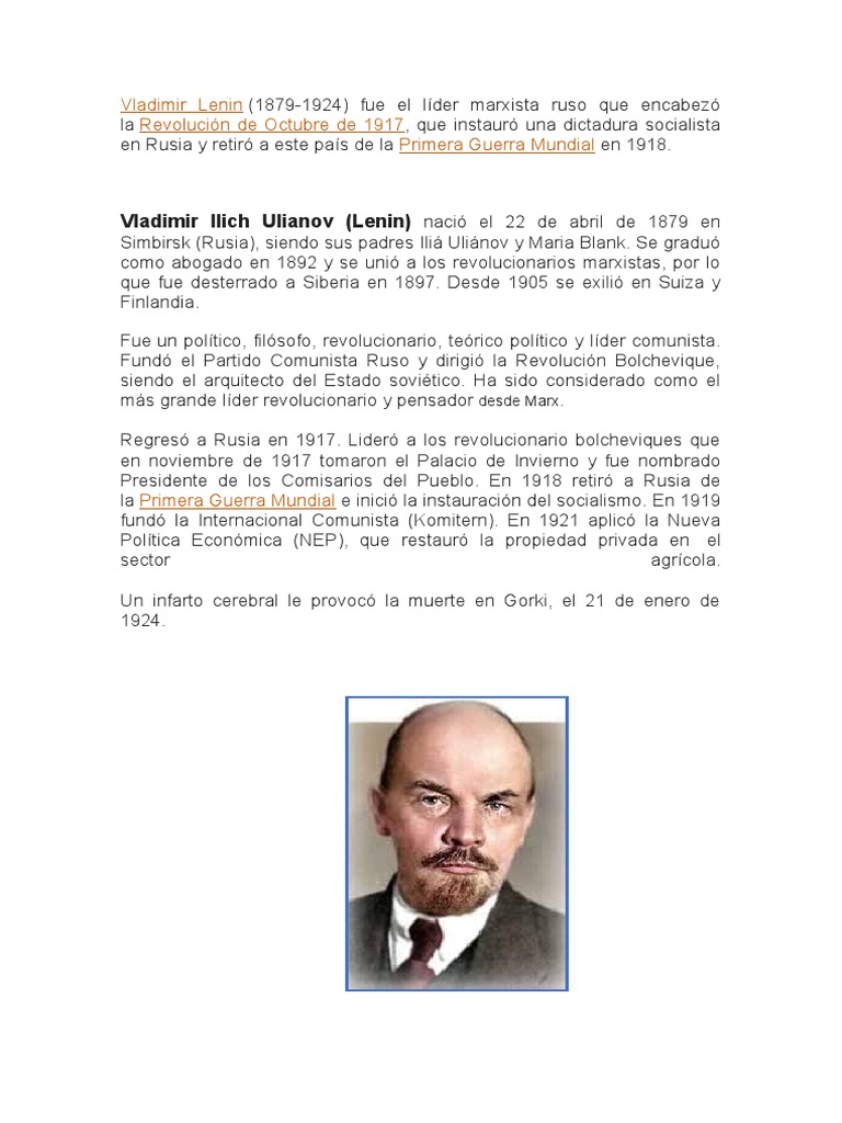 Biografía resumida de Vladimir Lenin | PDF | Política | Historia