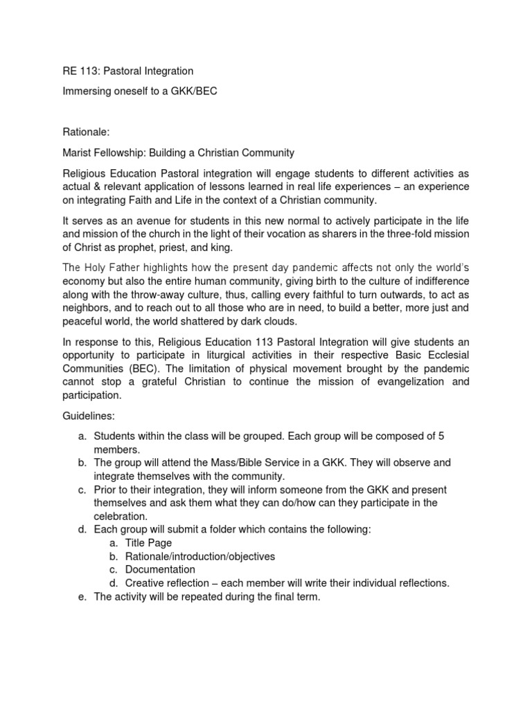 RE 113 Pastoral integration+S.Y.+22 23 | PDF
