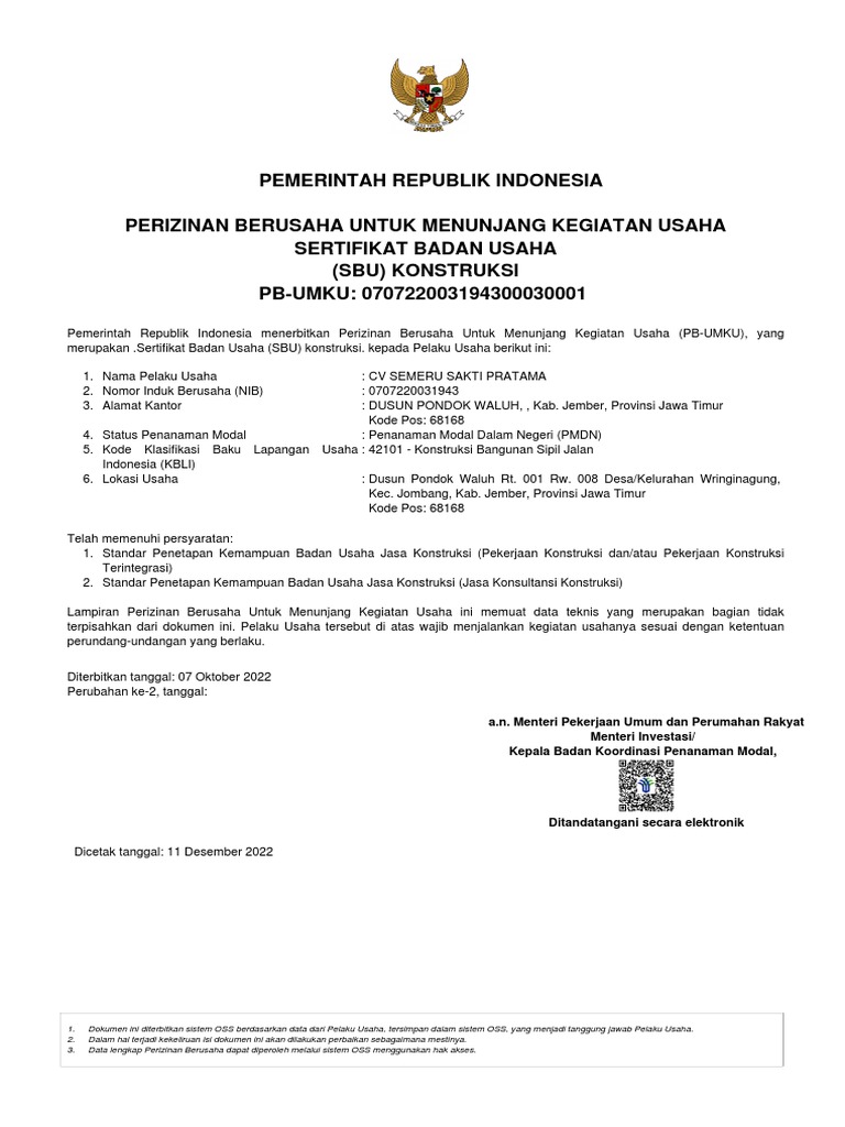 SBU Konstruksi CV Semeru Sakti Pratama | PDF
