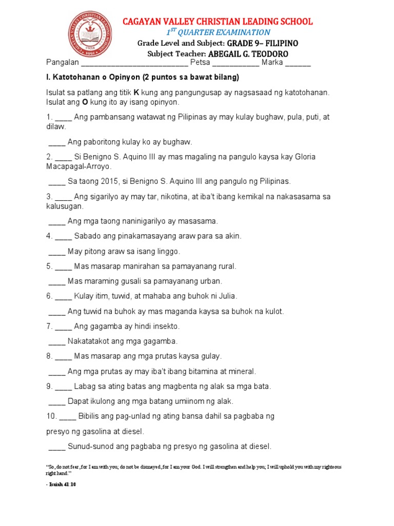 Q1 Filipino 9 Exam | PDF