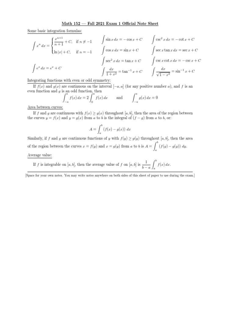 Math 152 Exam 1 Official Note Sheet | PDF | Trigonometric Functions ... Math 152 Exam 1 Official Note Sheet | PDF | Trigonometric Functions ...