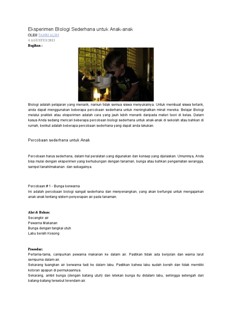 Eksperimen BIologi Sederhana Untuk Anak | PDF