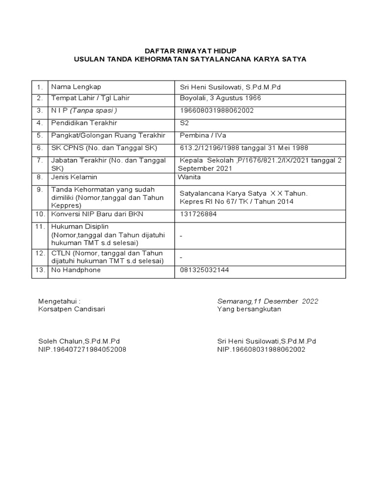 Daftar Riwayat Hidup dan Usulan Satyalancana Karya Satya | PDF