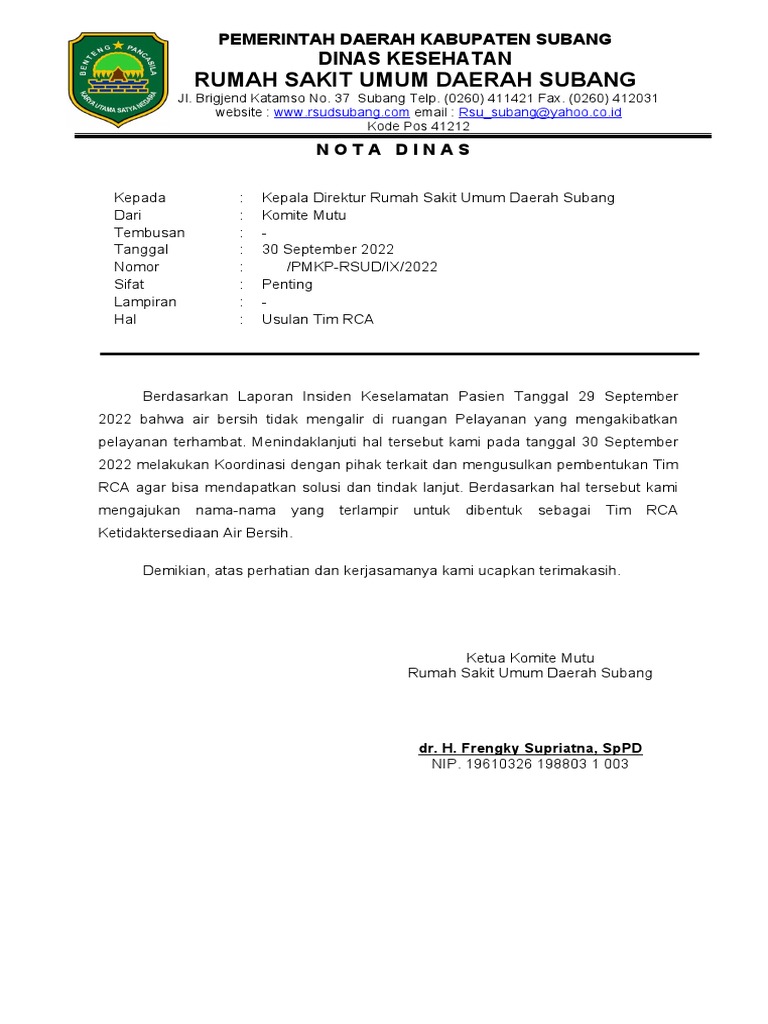 Nota Dinas RCA Air Bersih | PDF