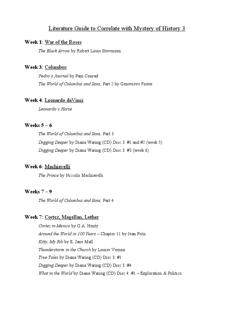 Literature Guide To Correlate To Mystery of History 3 | PDF | Young Adult
