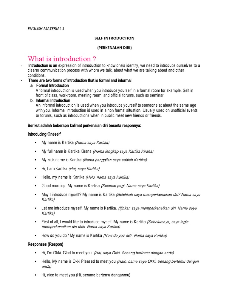 English Material 1 Self Introduction | PDF English Material 1 Self Introduction | PDF