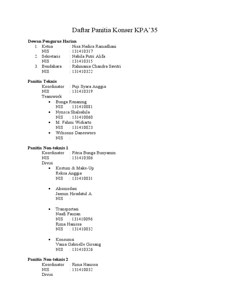 Daftar Panitia Konser KPA 35 | PDF