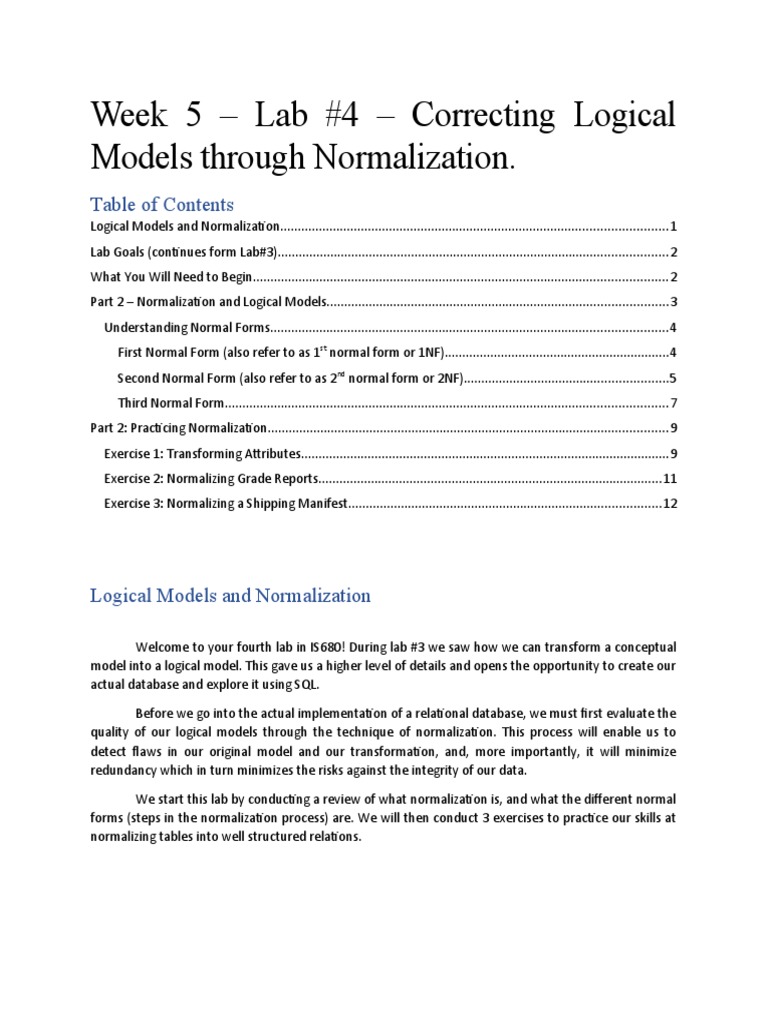Week 5 - Lab 4 - Logical Models & Normalization - Updated | PDF | Databases | Conceptual Model