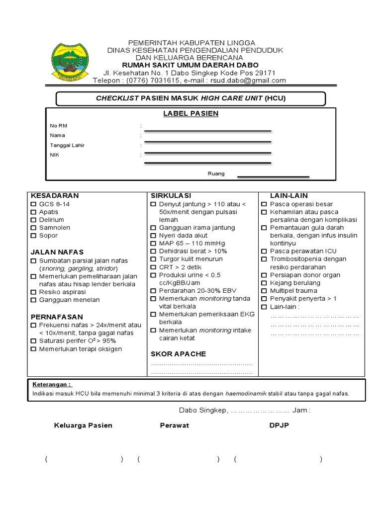 Checklist Masuk HCU RSUD Dabo | PDF