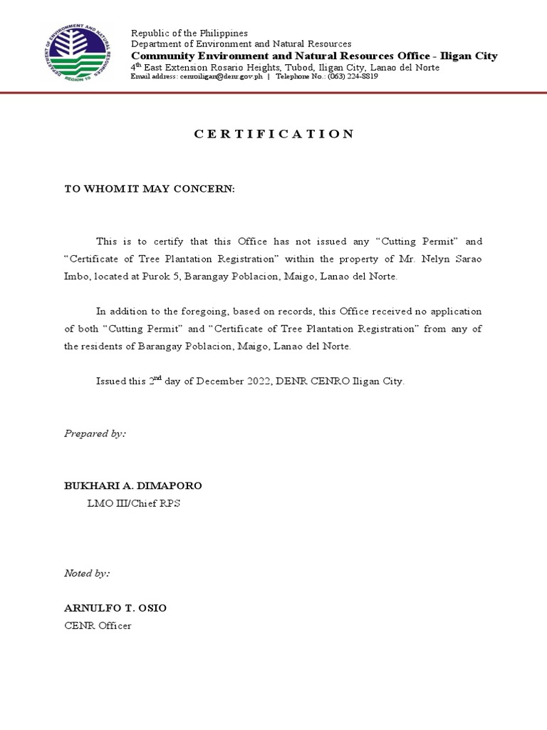 DENR Certification for Tree Permits | PDF | Technology & Engineering