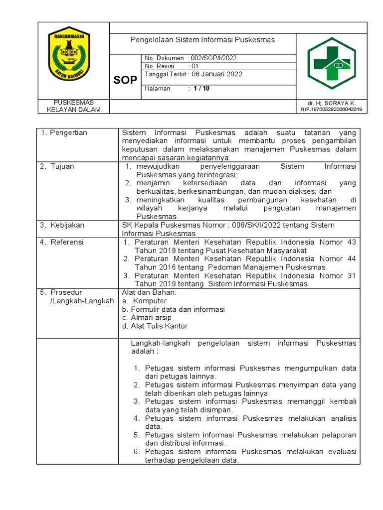 002-1.2.4.1 SOP Pengelolaan Sistem Informasi Puskesmas (BLM Kop PKM SM) | PDF