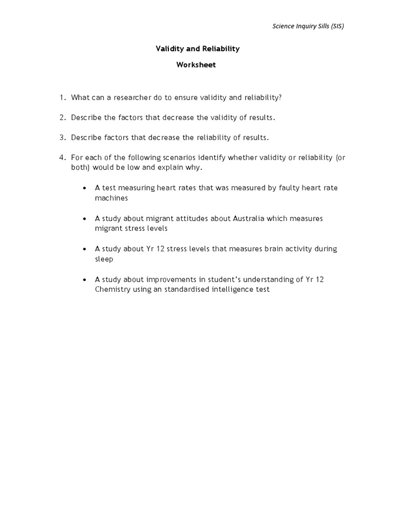 validity and reliability worksheet | PDF