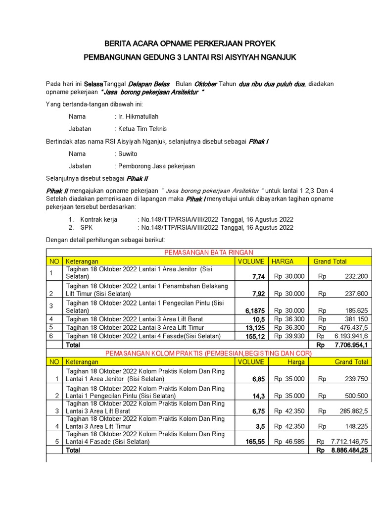 Opname Pekerjaan Proyek Gedung RSI | PDF