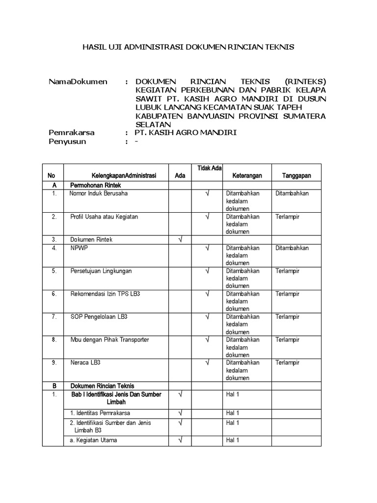 Rintek Perkebunan PT. Kasih Agro | PDF