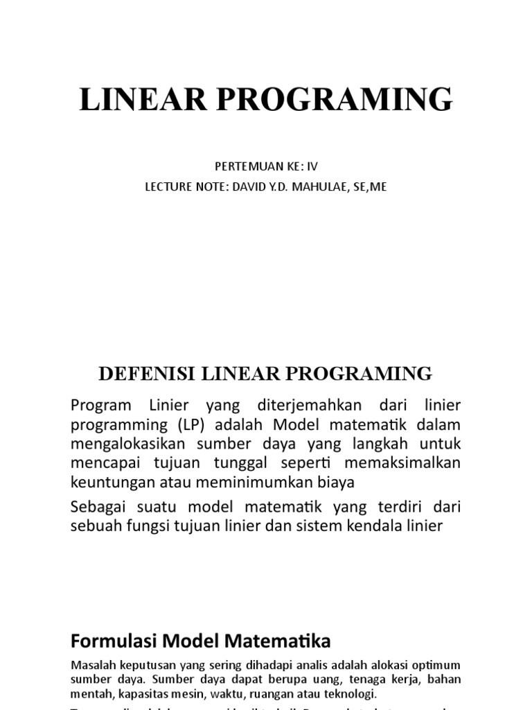 Pertemuan IV LINEAR PROGRAMING | PDF Pertemuan IV LINEAR PROGRAMING | PDF