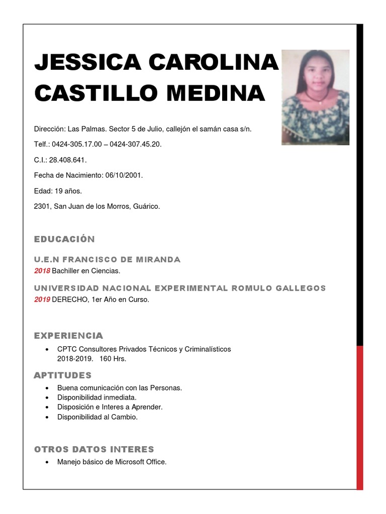 Curriculum de Jessica Carolina Castillo Medina | PDF