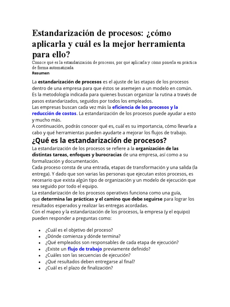 Estandarización de Procesos | PDF | Calidad (comercial) | Procesos de negocio