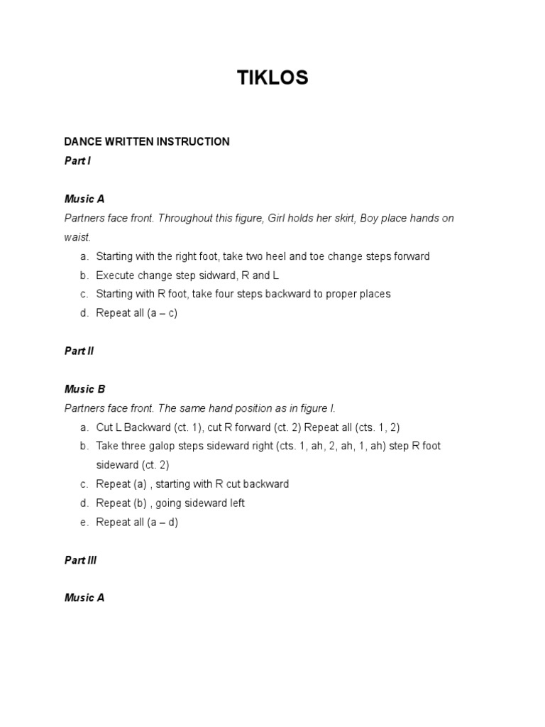 TIKLOS - DANCE WRITTEN INSTRUCTION - Wellness and Fitness | PDF ...