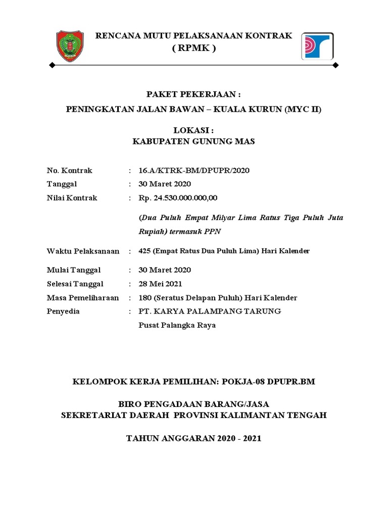 RMPK Pelaksanaan Peningkatan Jalan Bawan-Kuala Kurun (MYC II) | PDF